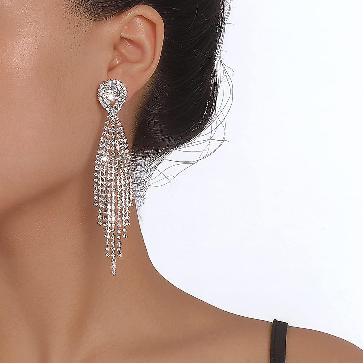 Denifery Teardrop Crystal Chandelier Earrings Long Tassels Dangle Earrings Sparkling Rhinestone Ladies Gifts Statement Earrings Bridal Wedding Jewelry (Silver)