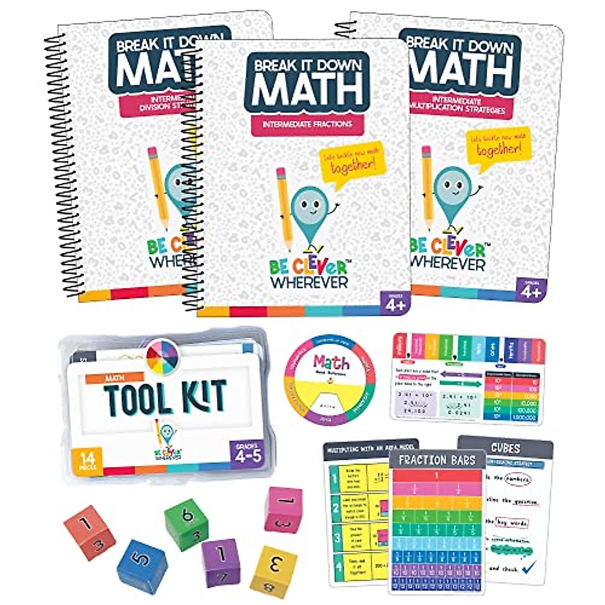 Be Clever Wherever Grade 4 Math Kit, 4th & 5th Grade Math Tool Kit, Intermediate Multiplication Strategies, Intermediate Division Strategies, and Intermediate Fractions Math Reference Books (17 Pc)