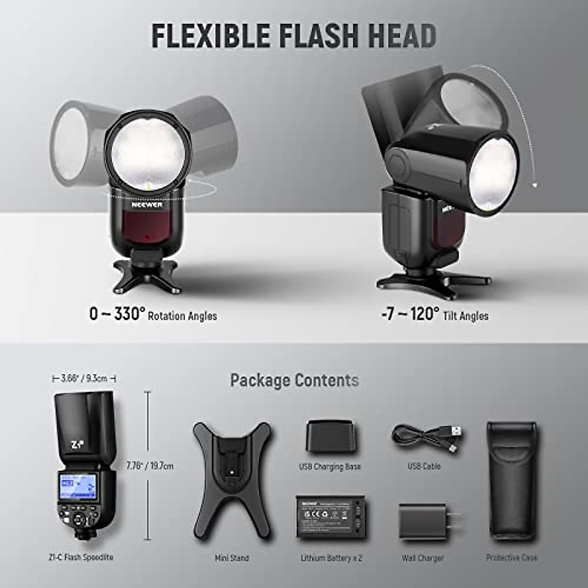 NEEWER Z1-C TTL Round Head Speedlite Flash Kit Compatible with Canon, 76Ws 2.4G 1/8000s HSS Flash with Modeling Lamp, Two 2600mAh Lithium Battery and USB Charger, 480 Full Power Shots, 1.5s Recycling