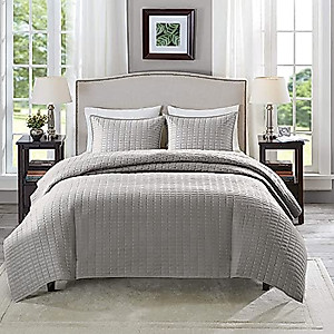 Comfort Spaces Kienna Quilt Set-Luxury Double Sided Stitching Design Summer Blanket, Lightweight, Soft, All Season Bedding Layer, Matching Sham, Gray, Coverlet Full/Queen(90"x90") 3 Piece