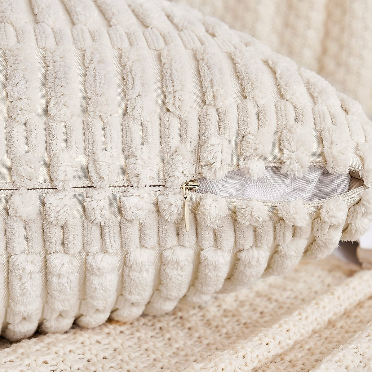 EMEMA Corduroy Decorative Throw Pillow Covers 18x18 Inch Soft Striped Corduroy Square Cushion Case Boho Home Decor for Living Room Couch Bed Sofa Farmhouse, Pack of 2, Cream White