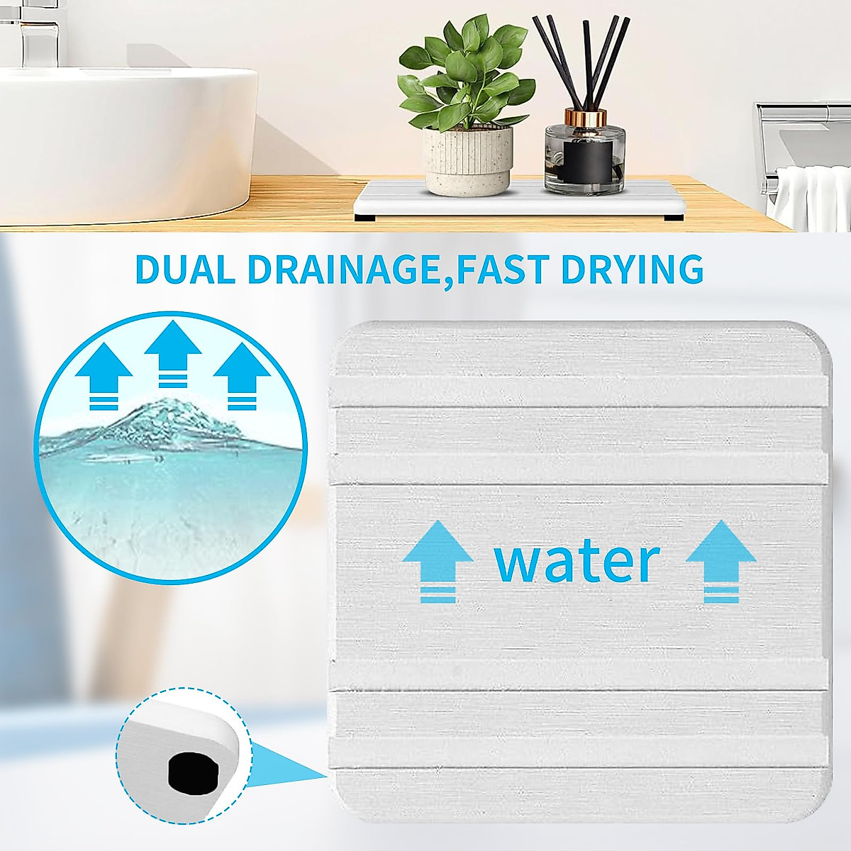3PCS Water Absorbing Stone Tray for Sink, Drying Neat Diatomite Stone Sink Tray, Instant Dry Sink Coasters, Kitchen Sponge Hand Soap Holder Countertop for Bathroom & Kitchen (8 * 4inch and 4 * 4inch)