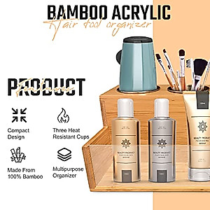 Hair Tool Organizer Bamboo and Acrylic Hair Accessories Hot Tool Holder, Wall Mount, Vanity Organization or Bathroom Sink Organizer for a Hair Dryer, Curling Iron, Flat iron, Brushes and Hair Products