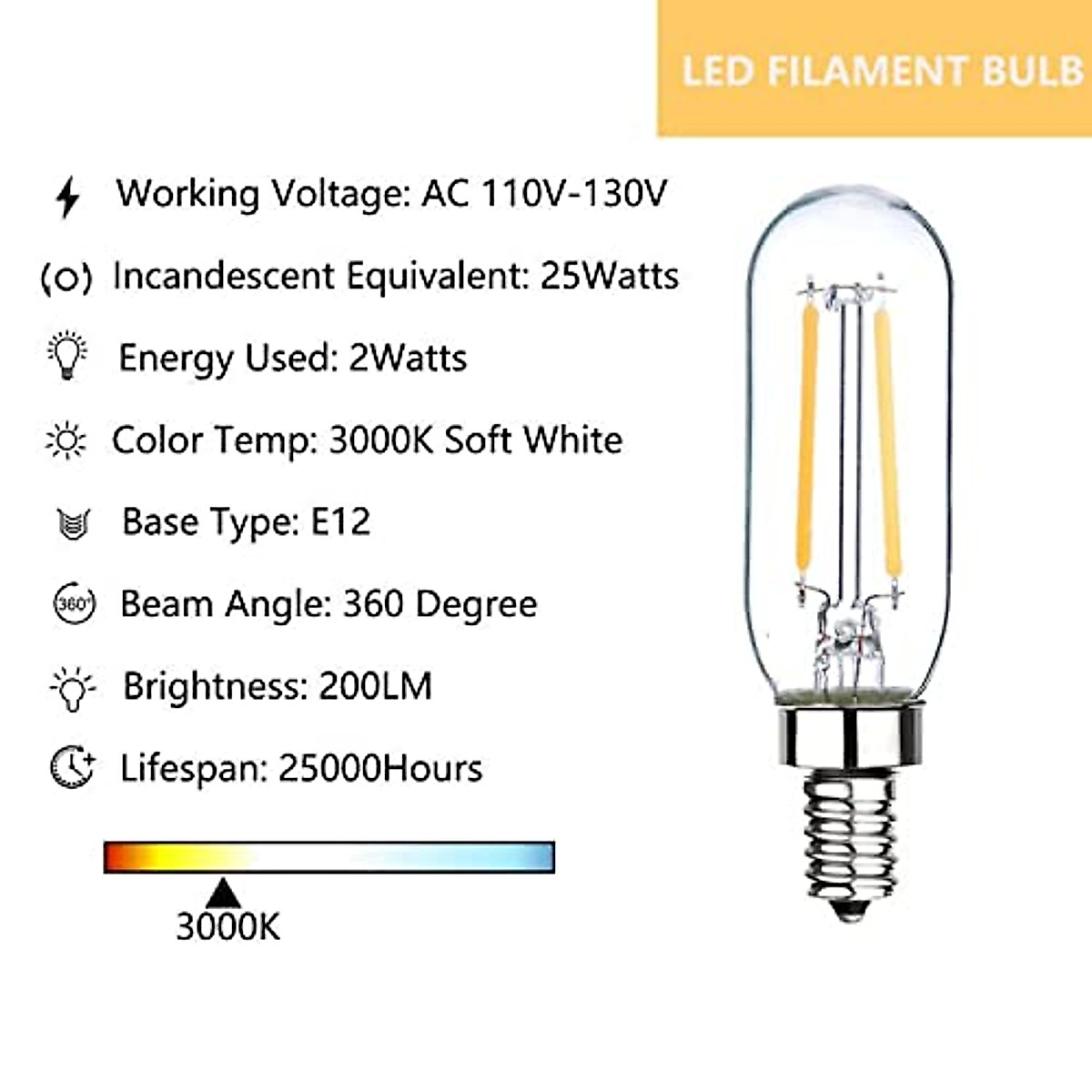 Sunaiony E12 Candelabra Bulb 25W T6 LED Bulb Dimmable 3000K Soft White, 2W Vintage LED Filament Edison Candle Bulb for Chandelier Ceiling Light, 12 Pack