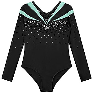 CHICTRY Big Girls V Neck Ballet Gymnastics Leotards Sparkle Diamond Athletic Dance Bodysuits Skating Jumpsuit Unitard Light Green 12 Years