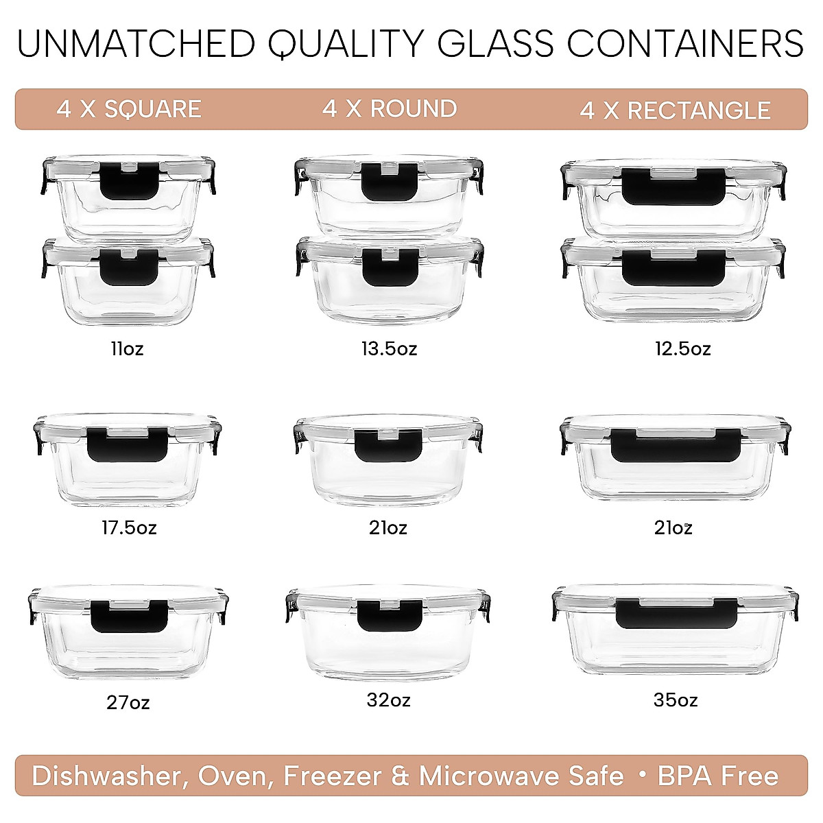Zulay Kitchen 12 Pack Glass Meal Prep Containers with Lids - Airtight, Premium Borosilicate Glass Food Storage Containers - Microwave, Freezer & Oven Safe, BPA Free - Black