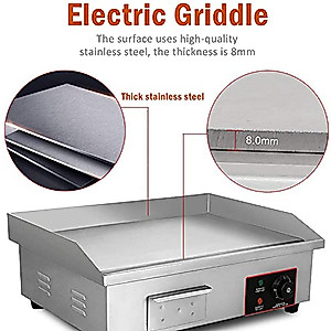 110V 3000W 22" Commercial Electric Countertop Griddle Stainless Steel BBQ Flat Top Grill Hot Plate, Adjustable Thermostatic Control 122°F-572°F, Stainless Steel Restaurant Grill for Kitchen