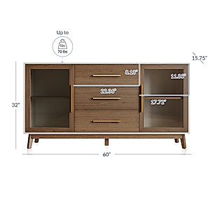 BELLEZE Sideboard Buffet Cabinet with 3 Drawers & 2 Doors, Console Table for Kitchen Glass Storage Cabinet Coffee Bar Accent Cabinet for Living Room Dining Room Hallway, Brown