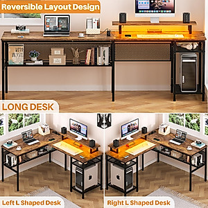 Hyomdeck Reversible L Shaped Computer Desk with Power Outlet & Monitor Stand, 55 Inch Gaming Desk with RGB LED Light, Sturdy Office Corner Desk with Storage Shelf, Easy to Assemble, Rustic Brown
