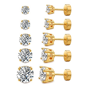 Kainier Women's 5 Pairs 14K Gold Plated CZ Stud Earrings Flat Back Earrings Simulated Diamond Round Surgical Steel Cubic Zirconia Hypoallergenic Flat Back Ear Stud Set（5 Pairs)