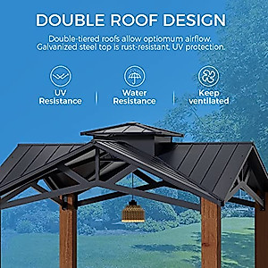 Erinnyees 12' x 12' Octagonal Hardtop Gazebo, Aluminum Frame with Wood Grain Finish, Double-layer Galvanized Steel Roof, Fully Enclosed Sidewall, Easy to Assemble