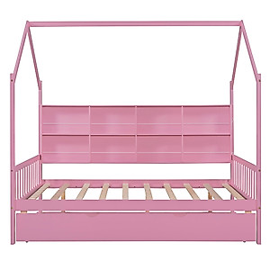 Full House Bed with Trundle and Storage Shelves, Montessori Bed Full Size Platform Bed Frame with Roof, Tent Bed, Solid Wood Playhouse Bed for Kids Teens Girls Boys (Full Size, Pink)