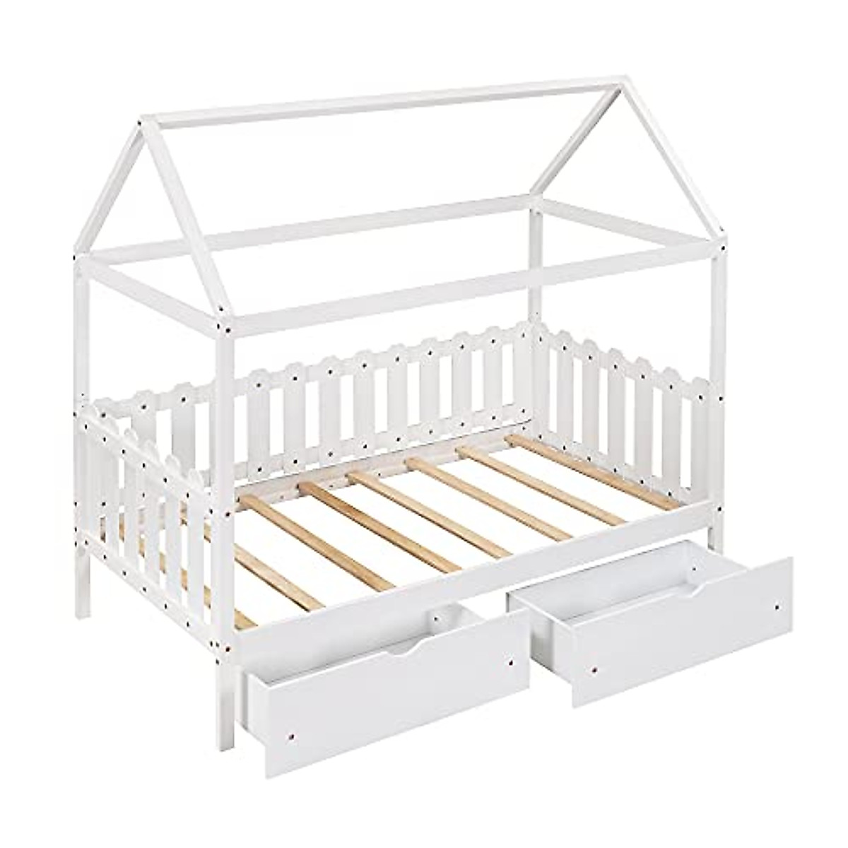 Lifeand Twin Size House Bed with 2 Drawers, Fence-Shaped Guardrail and Sky Roof, Solid Wood Bedframe for Gilrs Boys,White