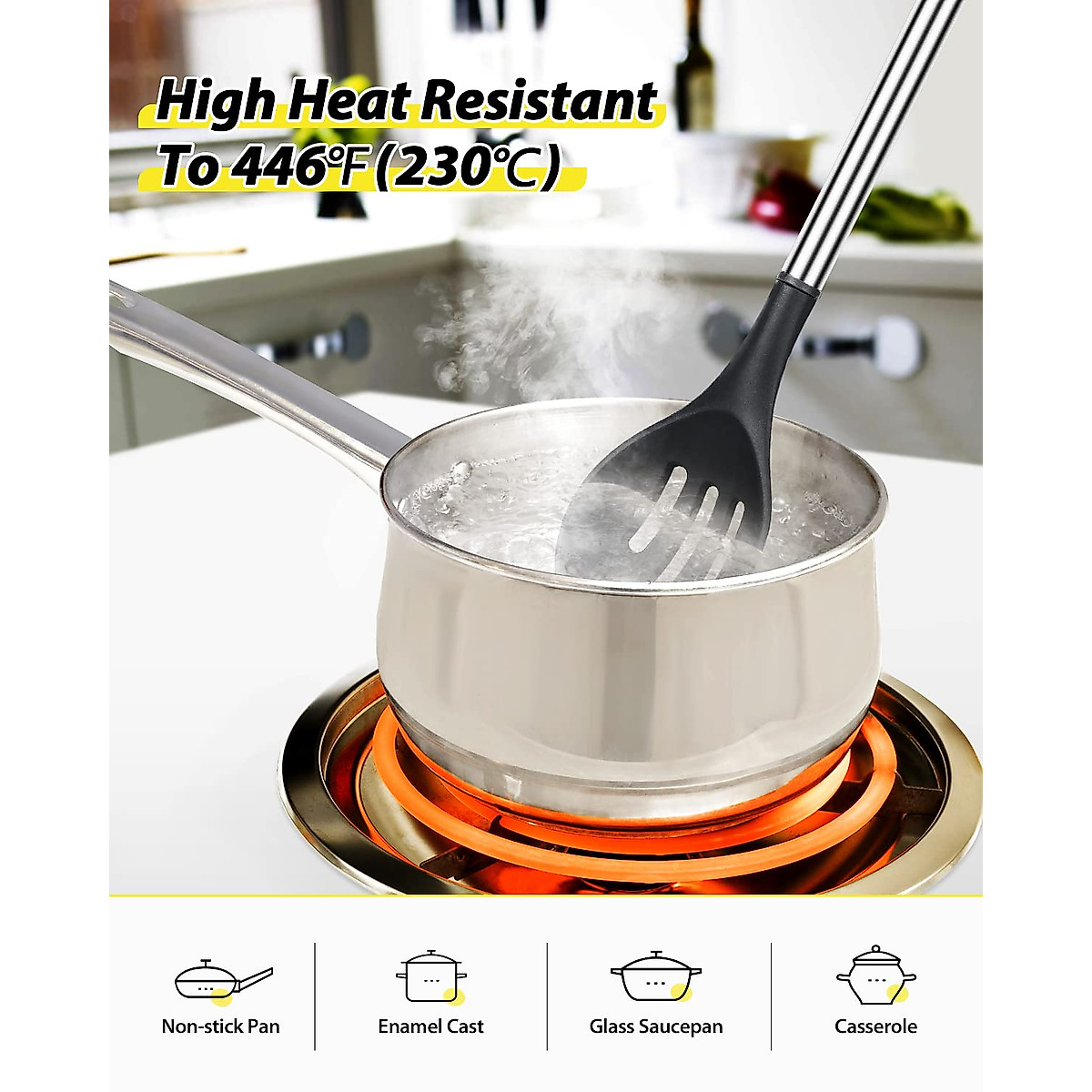 2 Pcs Silicone Cooking Spoons, Solid and Slotted Spoon Set, Non-Stick BPA Free Heat-Resistant Basting Stainless Steel Handle Kitchenware for Cooking, Soup, Serving, Draining, Stirring (black)