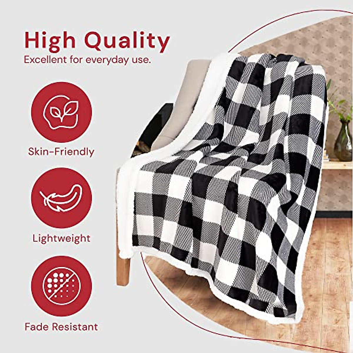 Safdie & Co. - Black and White Checkered Blanket, Indoor and Outdoor Buffalo Plaid Rug, Use As Halloween Blanket, Fall Throw Blanket, or Autumn Decor Throw, Soft and Stain Resistant, 50 x 60 Inches