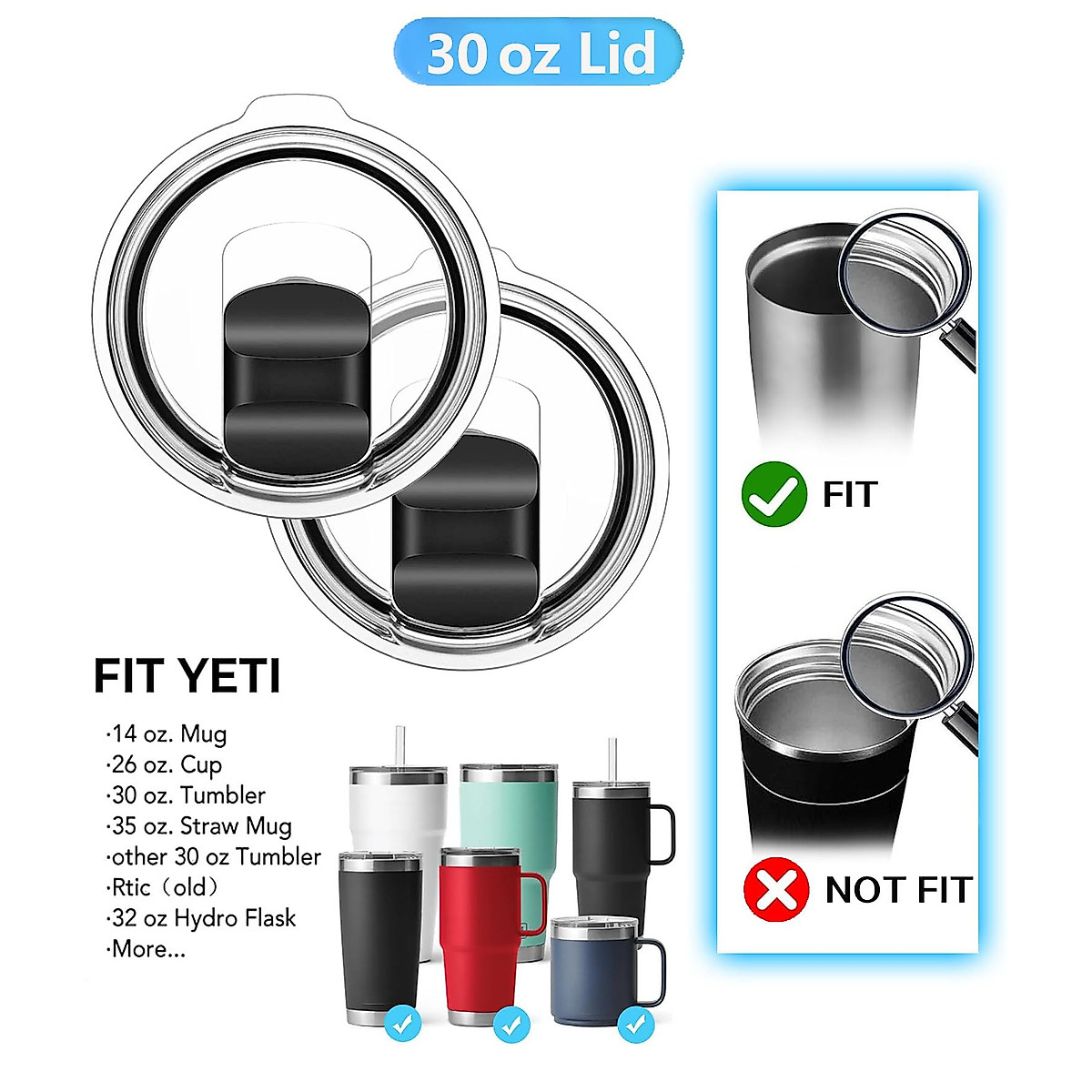 2PCS 30 oz Tumbler Lid for YETI, with 3 Black Magnetic Slider Replacement, Replacement Cup Lids Covers Compatible for YETI 30 oz Tumbler, 14 oz Mug and 35 oz Straw Mug