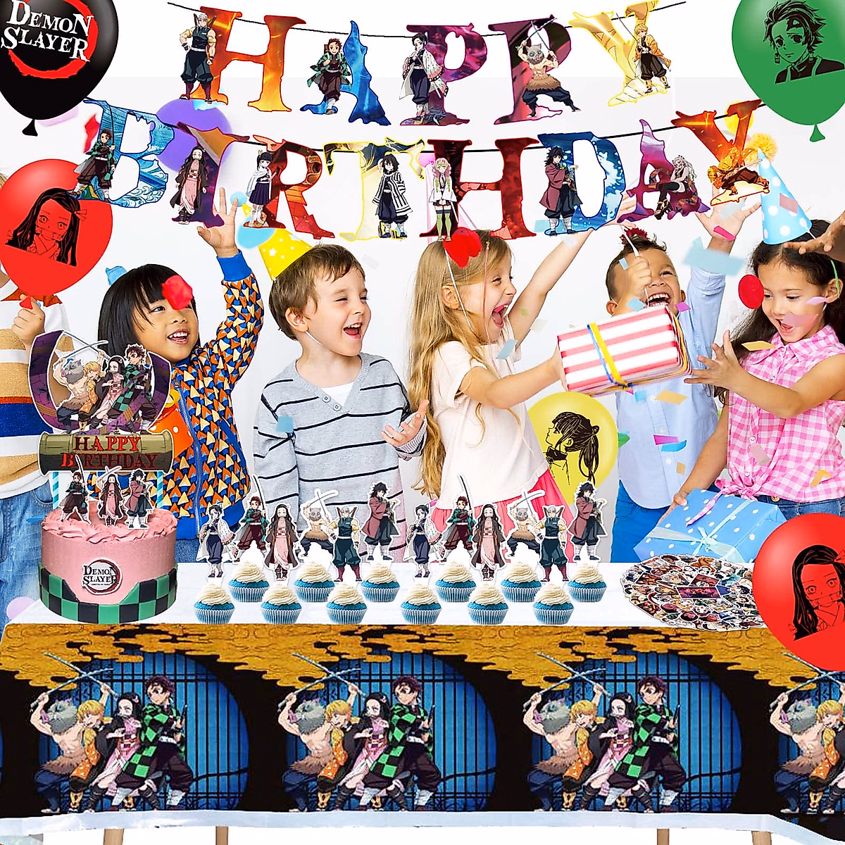Anime Birthday Party Decorations, 99pcs Demon Inspired Slayer Party Supplies Include Stickers, Banner, Cupcake Toppers, Tablecloth, Balloons for Kids Anime Theme Party Favor