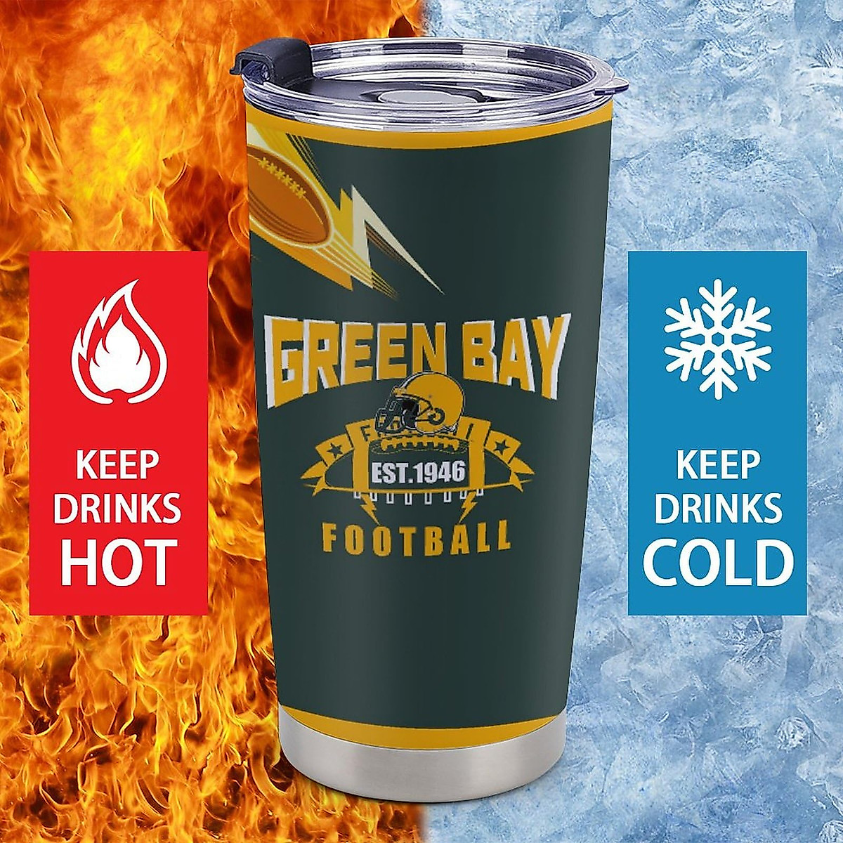 Custom Green Bay Tumbler 20oz Stainless Steel with Lid & Straw Personalized Football Fans Gifts for Women Men Travel Cup Insulated Tumbler Add Name Number