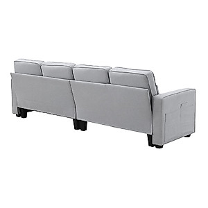 Bellemave Upholstered Sofa Couch with Armrest Pockets and 4 Pillows, 4-Seater Modern Linen Fabric Sofa Minimalist Style Couches for Living Room, Apartment, Office (Light Grey)