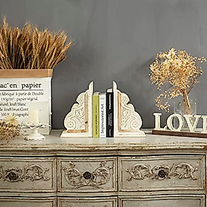 1 Pair Rustic Distressed Finish Wood Bookends, White Bookends Decorative Unique, Carved Pattern Farmhouse Book Ends for Shelves, Bookends for Heavy Books, Wooden Corbels for Home Room Decor