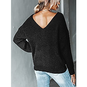 CUPSHE Women's V Neck Knit Sweaters Casual Pullover Oversized Fit Top with Long Sleeves, Black M