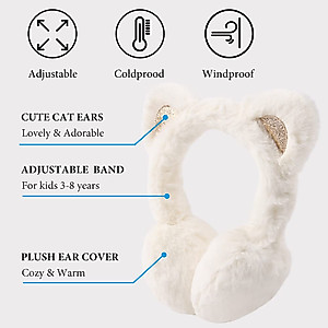 Peecabe Winter Kids Earmuffs Warm Girl Ear Muffs For Toddler Kid Children Earmuff with Cat Ears Girls Ear Warmer Adjustable (White)