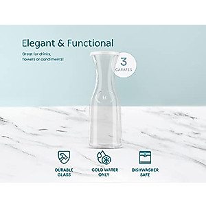 Kook Glass Carafe Pitchers, Beverage Dispensers, Clear Jugs For Mimosa Bar, Water, Wine, Milk and Juice, with Plastic Lids, Dishwasher Safe, 35 oz, Set of 3