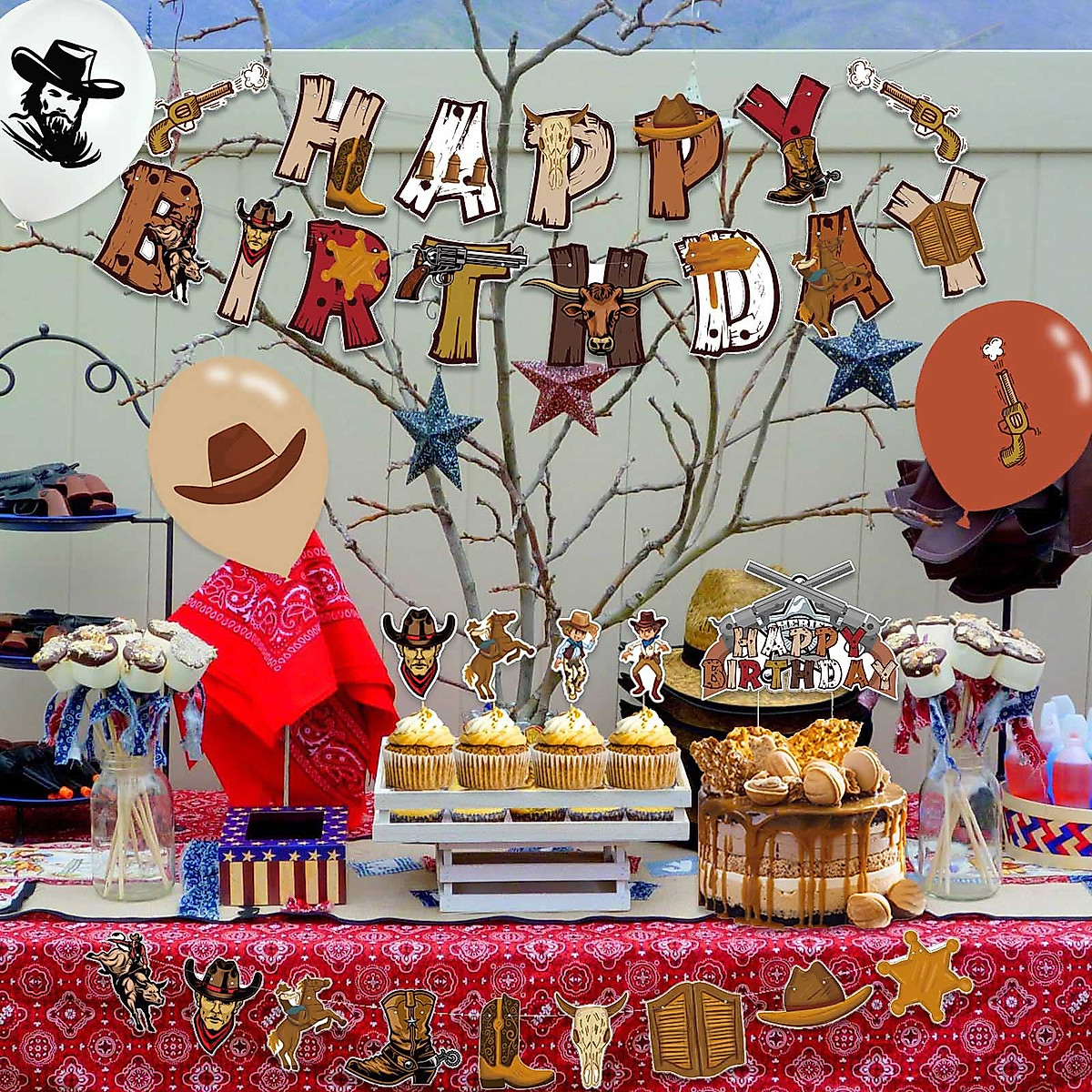 Cowboy Birthday Decorations, Wesrtern Horse Party Supplies with Cowboy Garland Happy Birthday Banner Cake Toppers Latex Balloons for Kids Boys Western Themed Birthday Party Decorations