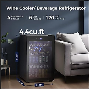 LHRIVER Countertop Mini Fridge,4.4cu.ft Beverage Refrigerator and Cooler with Glass Door, Adjustable Shelves,145 Can Compact Refrigerators or Office,Dorm Room,Home