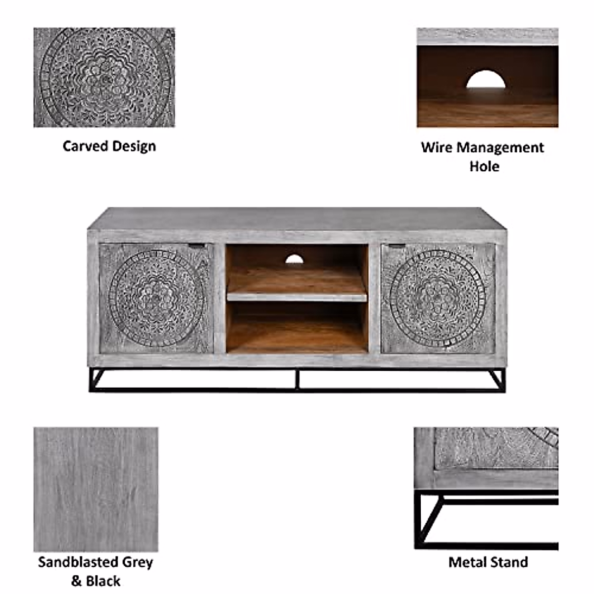 The Urban Port 63-Inch Handcrafted TV Media Entertainment Console, 2 Medallion Engraved Doors, Sandblasted Gray Mango Wood, Black Iron Stand