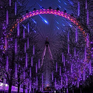 WAKAKA 2 Pack Purple Solar Christmas Lights Outdoor Waterproof, Total 16 Tubes 288 LED Solar Meteor Shower Lights, Falling Rain Lights for Outside Tree Christmas Decorations