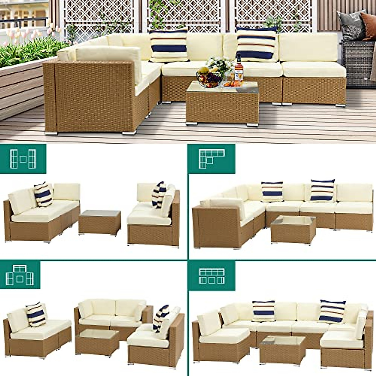 YITAHOME 7 Pieces Patio Furniture Set, Outdoor Sectional Sofa PE Rattan Wicker Conversation Set Outside Couch with Table and Cushions for Porch Lawn Garden Backyard (Yellow+Beige)