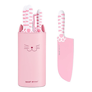hecef Cute Kitchen Knife Set,5-piece Non-Stcik Knives Set with Detachable Block and Scissors,Sharp Kitchen Knives for Chopping, Slicing, Dicing and Cutting, Gift Housewarming Birthday (Pink)