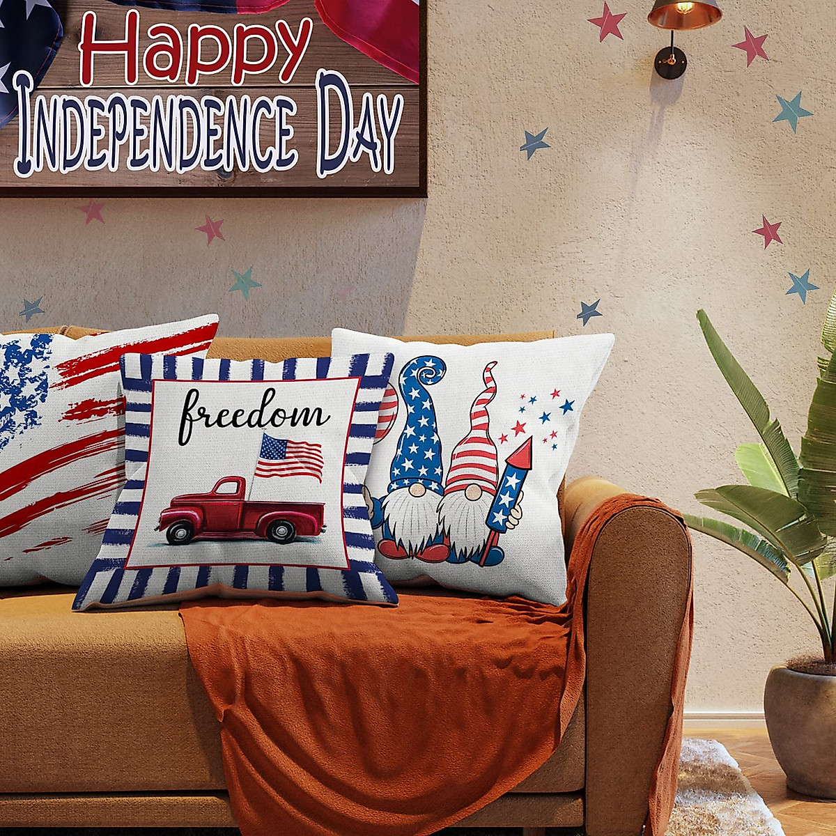 COMMINY 4th of July Pillow Covers 18x18 Set of 6 Patriotic Stripes Throw Pillow Cover American Flag Pillow Case Independence Memorial Day Decorations for Couch Home Outdoor