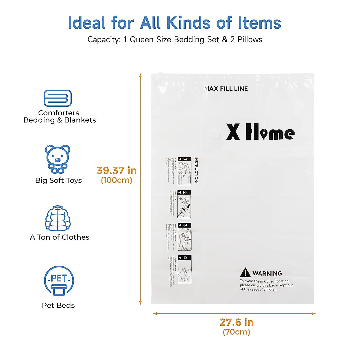 8 Pack Jumbo Vacuum Storage Bags, 80% Space Saver Vacuum Seal Bags for Clothing Bedding, Blankets, Comforters, Duvets, Quilts, and Pillows, Vacuum Compression Bags with Travel Hand Pump