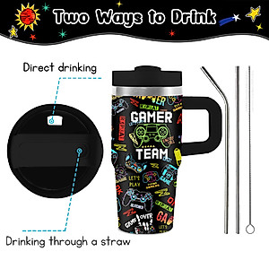 Gamer Gifts for Boys, 14 oz Game Tumbler with Handle and Straw for Kids, Gaming Mugs for Toddlers, Insulated Stainless Steel Leak Proof Tumbler for Gamer, Gaming Boys Gifts