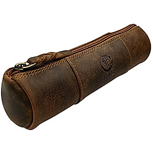RUSTIC TOWN Leather Pencil Pouch - Zippered Pen Case for Work & Office (Brown)