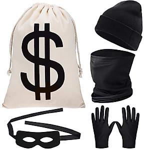 Geyoga 5 Pcs Halloween Robber Costume Set Dollar Sign Canvas Money Drawstring Bag for Halloween Cosplay Theme Party Supplies