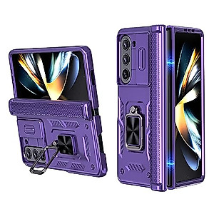 ZIYE Compatible with Samsung Galaxy Z Fold 5 Case with [Slide Camera Lens Cover][Ring Holder][Hinge Protection] Shockproof Kickstand Case for Galaxy Z Fold 5 5G(2023)-Purple