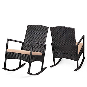 Barton 3 Pieces High Back Rocking Chair Set w/Glass Table Black Outdoor Patio Furniture Wicker Rattan Modern Conversation Chat Seating