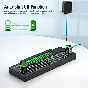 HiQuick 16+2 Bay AA AAA 9V Battery Charger, Fast Charging for NiMH NiCD Rechargeable Batteries, 2 Separate Charging Slot for 9V NiMH/Li-ion Battery with Smart LCD Display and AC Wall Adapter