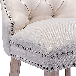 chairus Dining Chairs Set of 2 with Tufted High Back Retro Linen Fabric Upholstered Dining Room Chairs Side Chairs Rustic White Wood Legs Nailhead Trim Ring Pull- Beige 2PCS