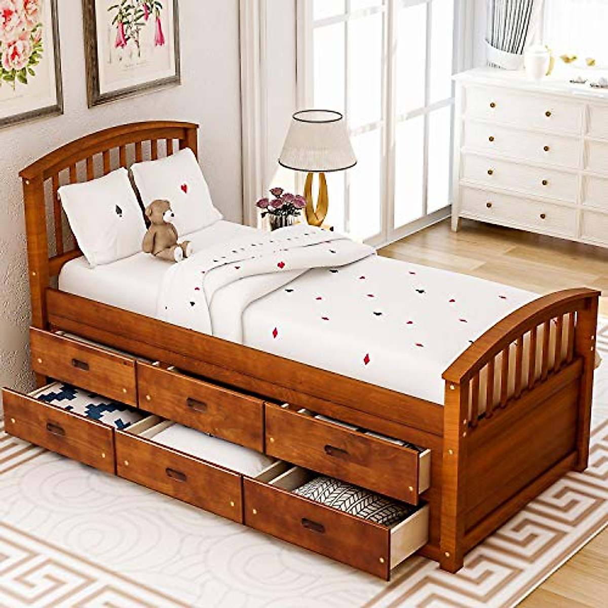 BOVZA Twin Size Platform Bed Frame, Wooden Storage Bed with Headboard and Footboard, 6 Storage Drawers, for Bedroom, Walnut