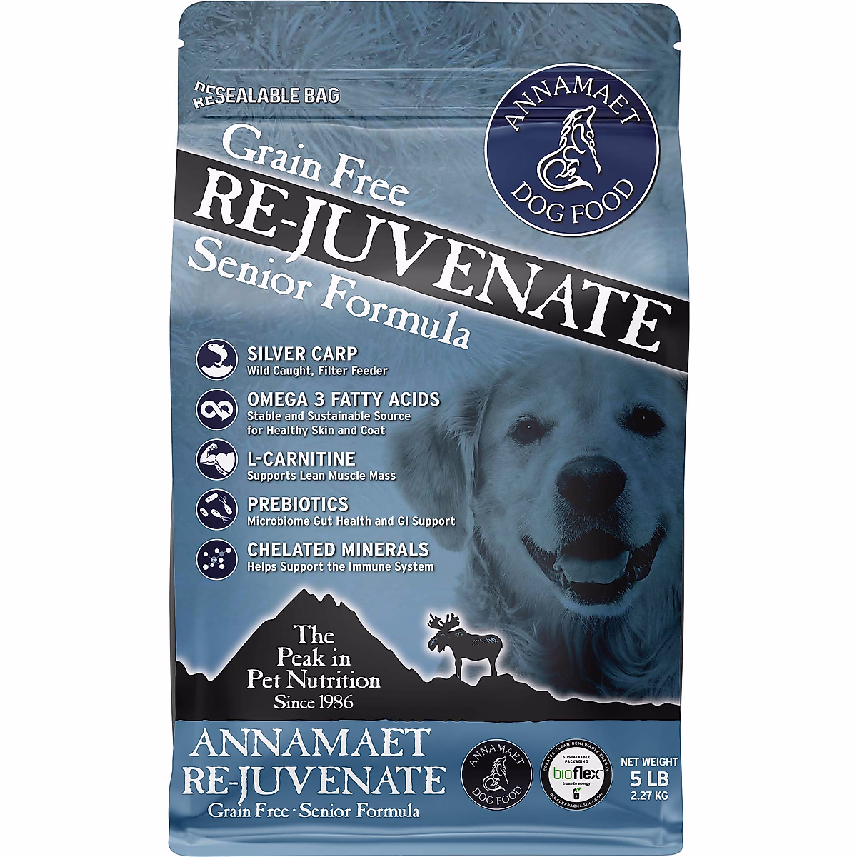 Annamaet Grain-Free Re-Juvenate Senior Formula Dry Dog Food, (Fresh Silver Carp & Turkey), 5-lb Bag, Brown