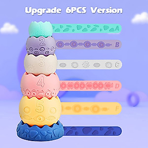 Maikerry 6 PCS Baby Blocks Stacking Balls Soft Toys,Montessori Sensory Toys Squeeze Play with Letter, Number and Graphic,Early Educational Learning Stacking Circle Tower, Best Gift for Toddlers