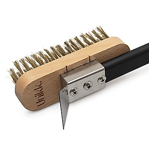 Unikk. Pizza Oven Brush with Scraper – 35” Long Adjustable Heavy Duty Aluminum Handle - Brass Bristles Brush for Pizza Stone with Grater and Screwdriver
