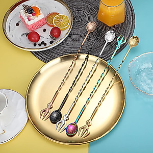 PAPABA 1 Pc Stainless Steel Mixing Spoon Anti-slip Spiral Bar Spoon Fruit Fork Long Handle Cocktail Stirrer Multicolor