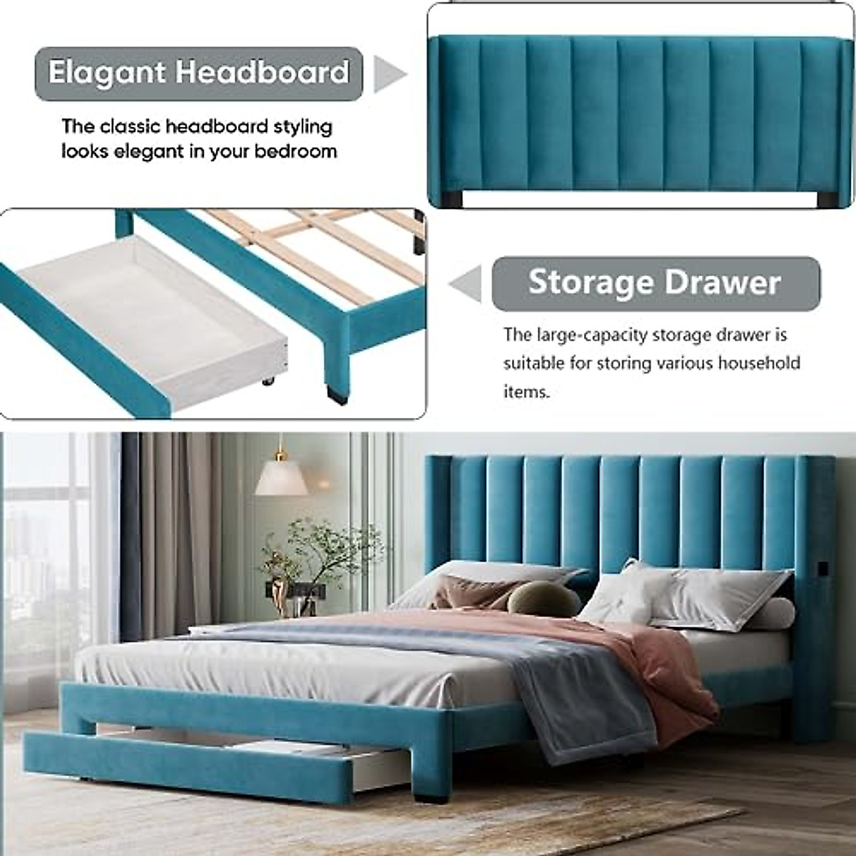 Queen Size Velvet Upholstered Platform Bed Frame with Storage Drawer and Tufted Headboard for Boys Girls Teens Adults, No Box Spring Needed, Easy Assembly (Blue, Queen)