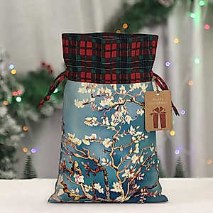 EVANEM Christmas Gift Bags with Drawstring Burlap Gift Bags almond blossom Christmas Linen Bags for Xmas Party Candy Bags with Cards Xmas Reusable Wrapping Bags Christmas Linen Treat Bags for Holiday