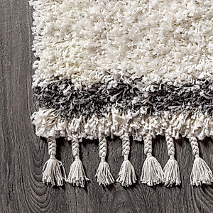 JONATHAN Y MCR103B-28 Mercer Shag Plush Tassel Moroccan Tribal Geometric Trellis Indoor Area-Rug Bohemian Easy-Cleaning High Traffic Bedroom Kitchen Living Room, 2 X 8, Cream/Grey